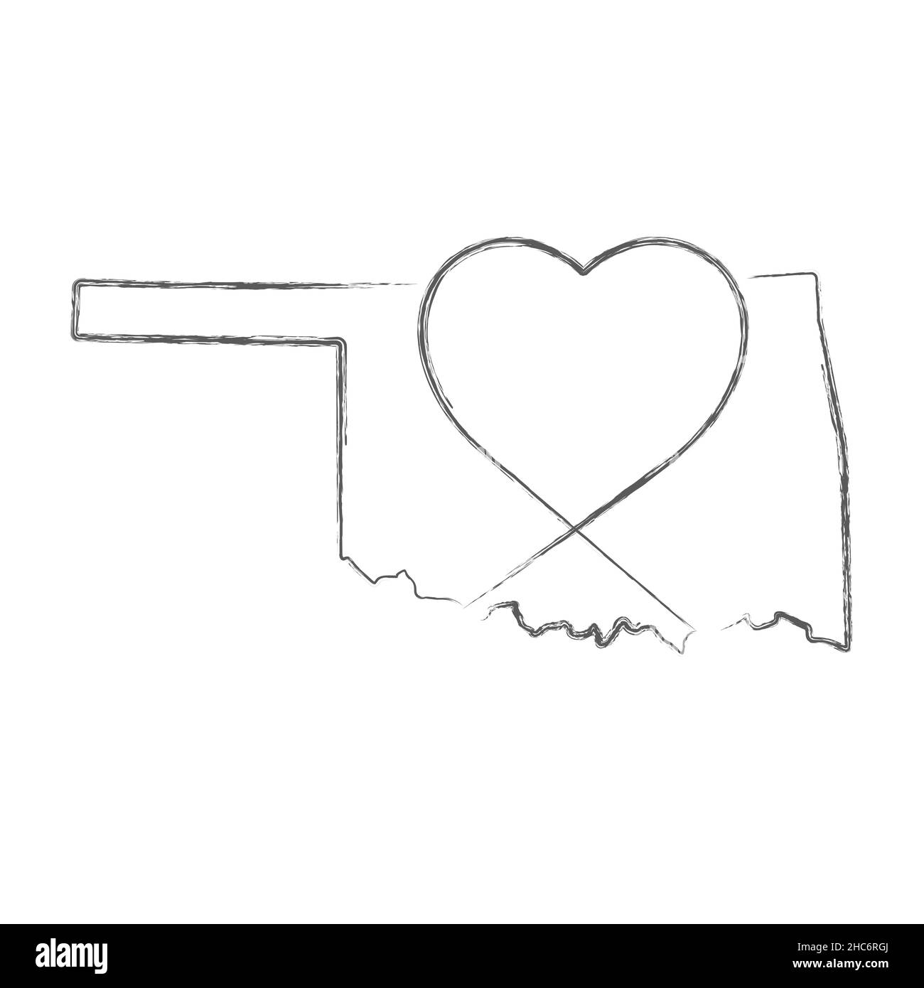 Oklahoma US state hand drawn pencil sketch outline map with heart shape ...