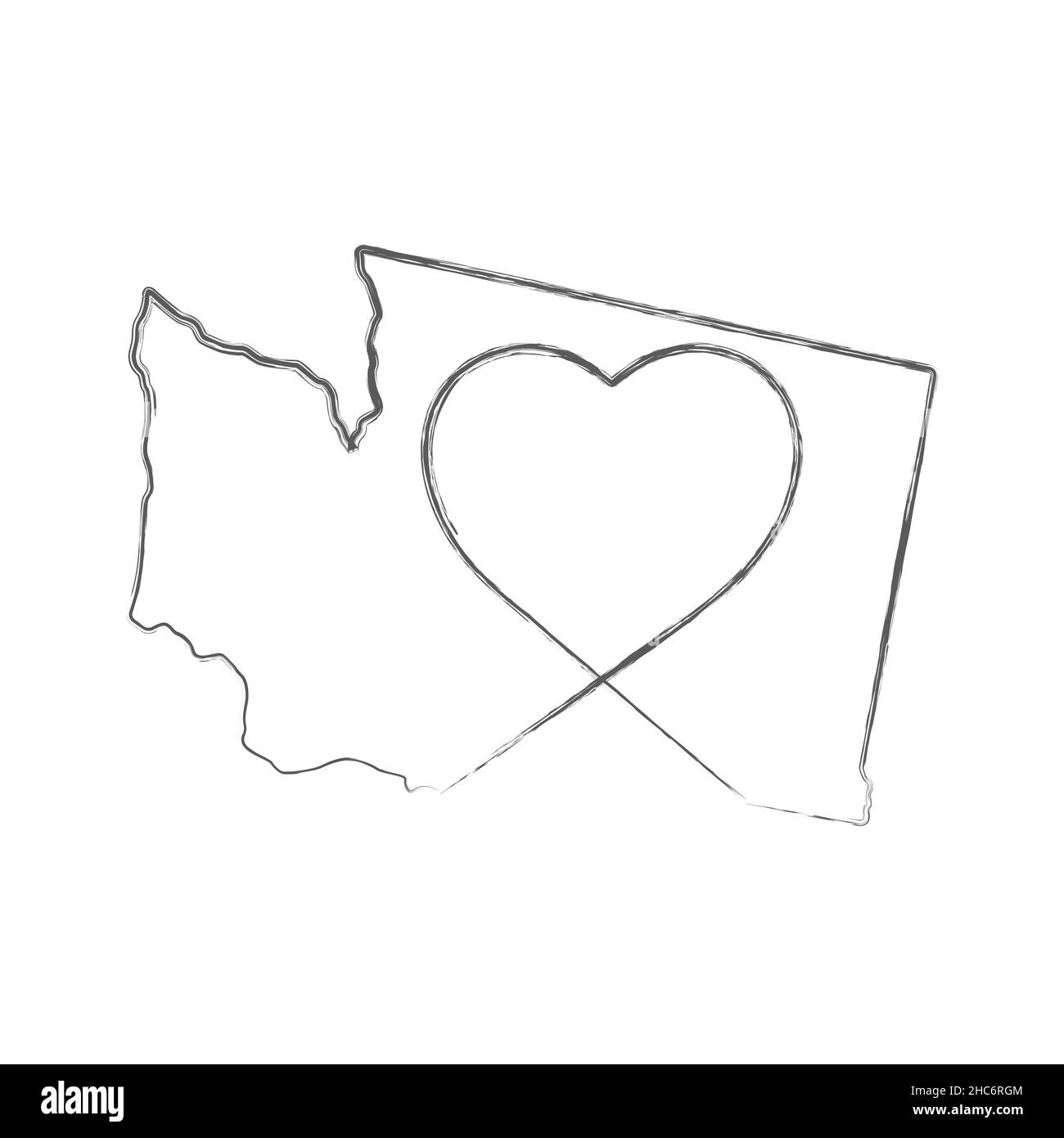 Washington US state hand drawn pencil sketch outline map with heart ...