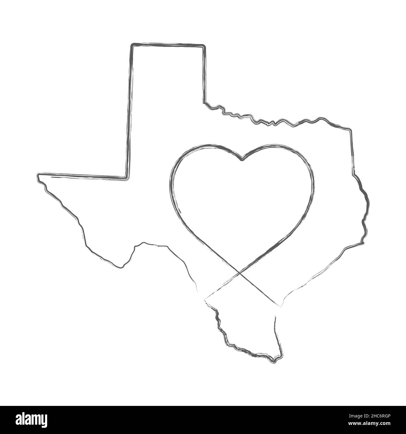 Texas US state hand drawn pencil sketch outline map with heart shape ...