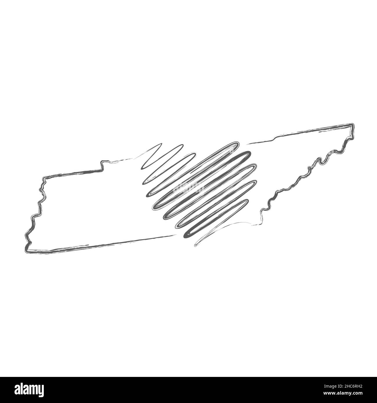 Tennessee US state hand drawn pencil sketch outline map with heart ...