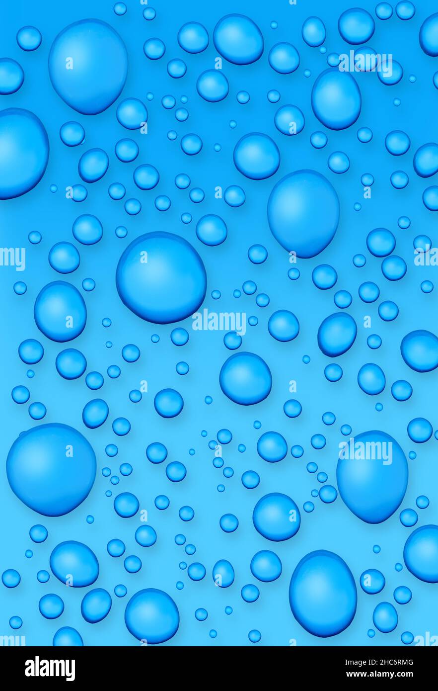 Large and small water droplets viewed from above on a blue background ...