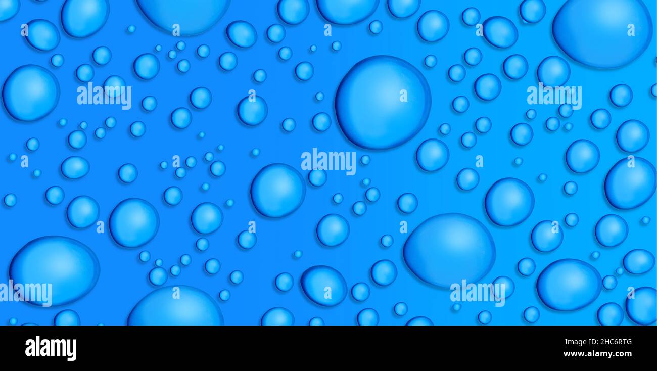Large and small water droplets viewed from above on a blue background ...
