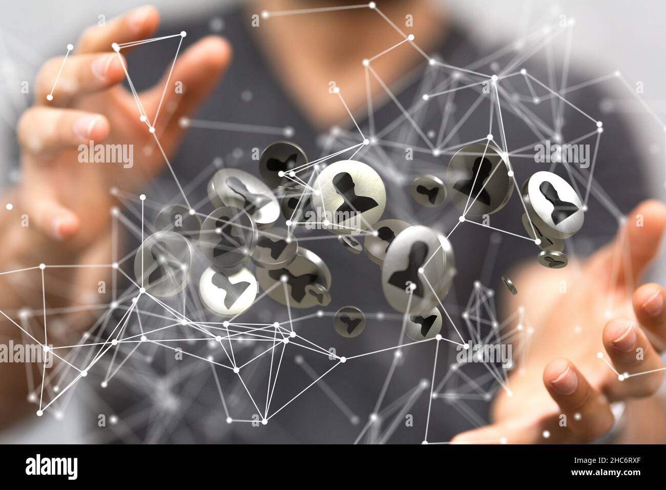 Male's hand holding an illustration of a group of people - network ...