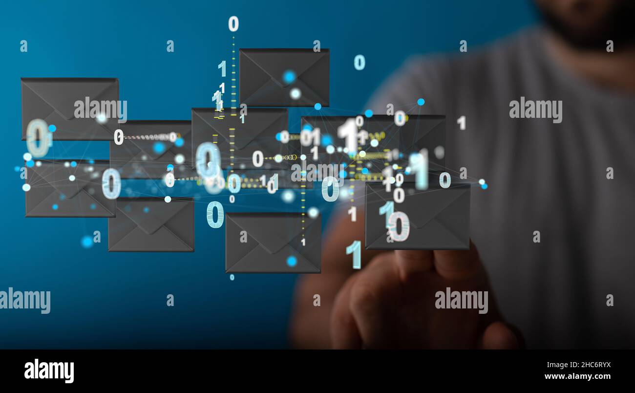 Male's hand pointing to a bunch of illustrated blue email signs Stock ...