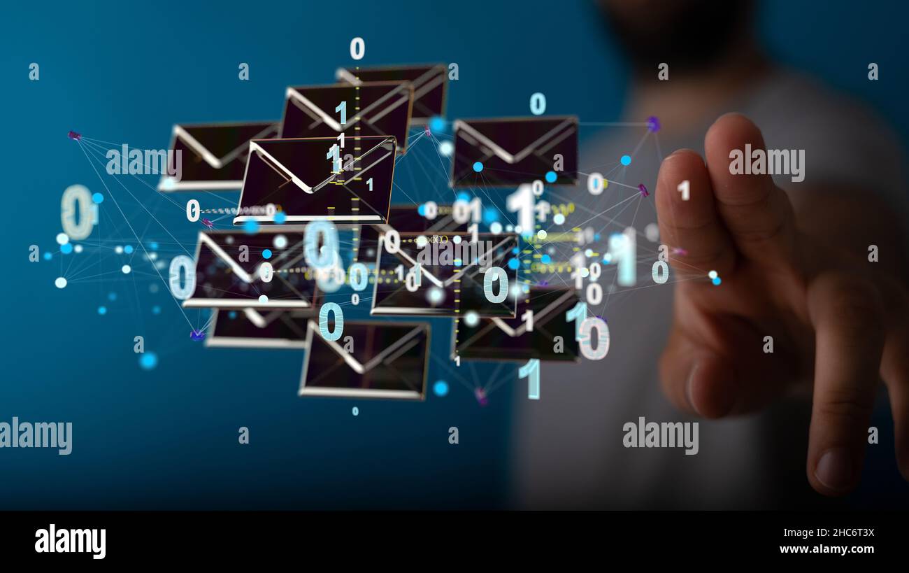 Male's hand pointing to a bunch of illustrated blue email signs Stock ...