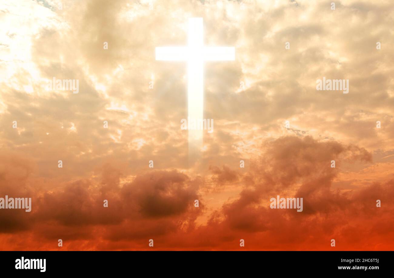 The cross of christ in the yellow sky, The cross on a huge cloud, With ...