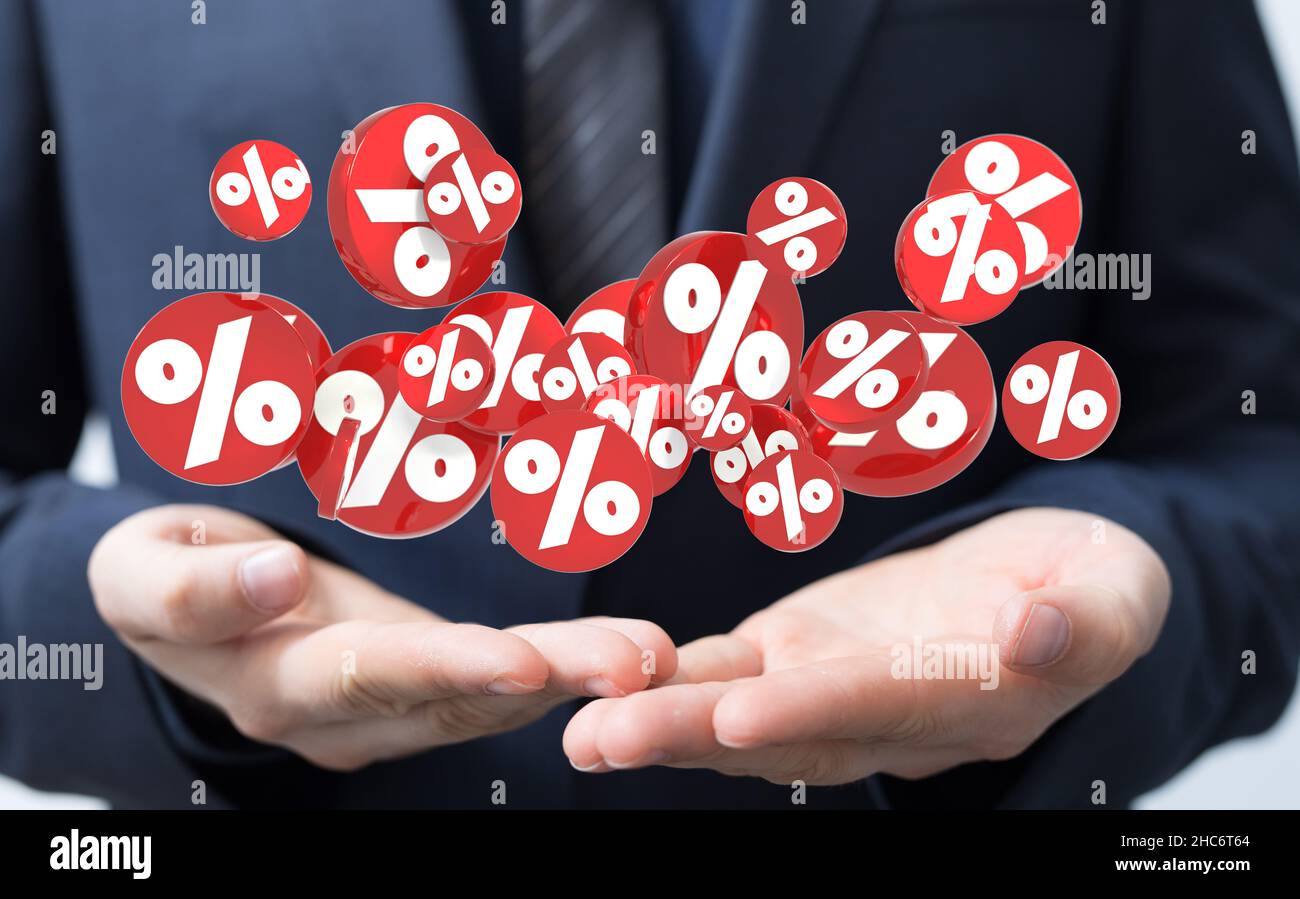 Male's hand holding an illustration of a bunch of red and white percent ...