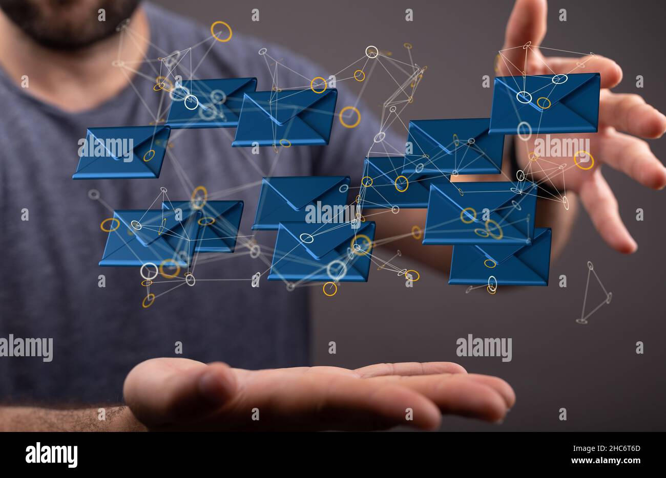 Male's hand pointing to a bunch of illustrated blue email signs Stock ...