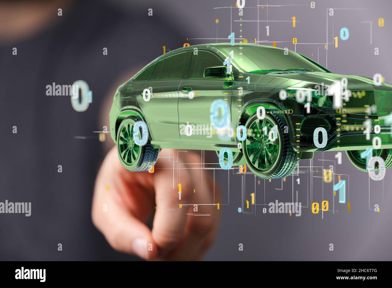 Male's hand pointing to an illustration of an electric car Stock Photo ...