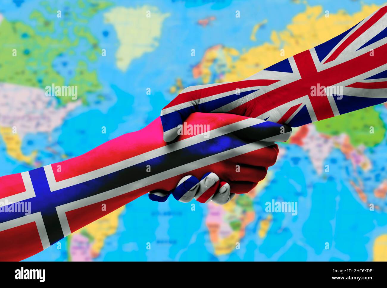 Flags Norway and the United Kingdom countries, handshake cooperation ...