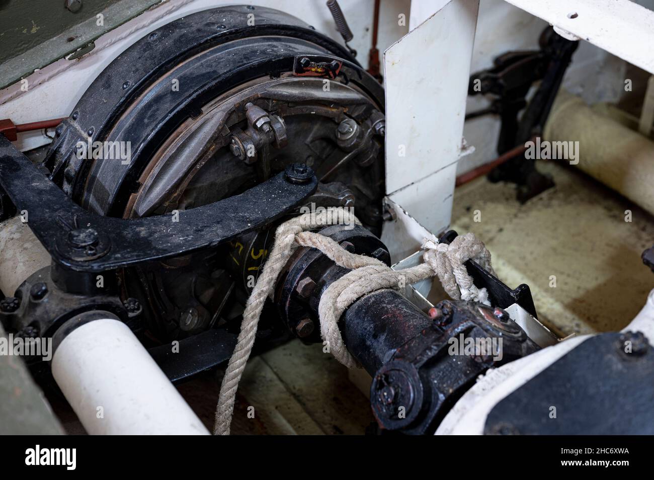 Detail of the transmission shaft of a T-26 war Tank in the workshop ...