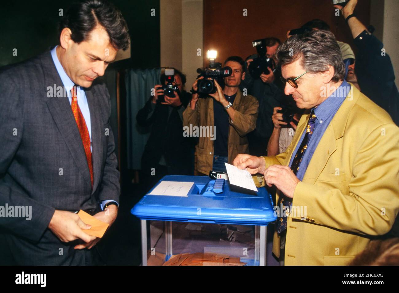 Lyons Mayor, Michel Noir voting in Lyon in the company of his wife ...