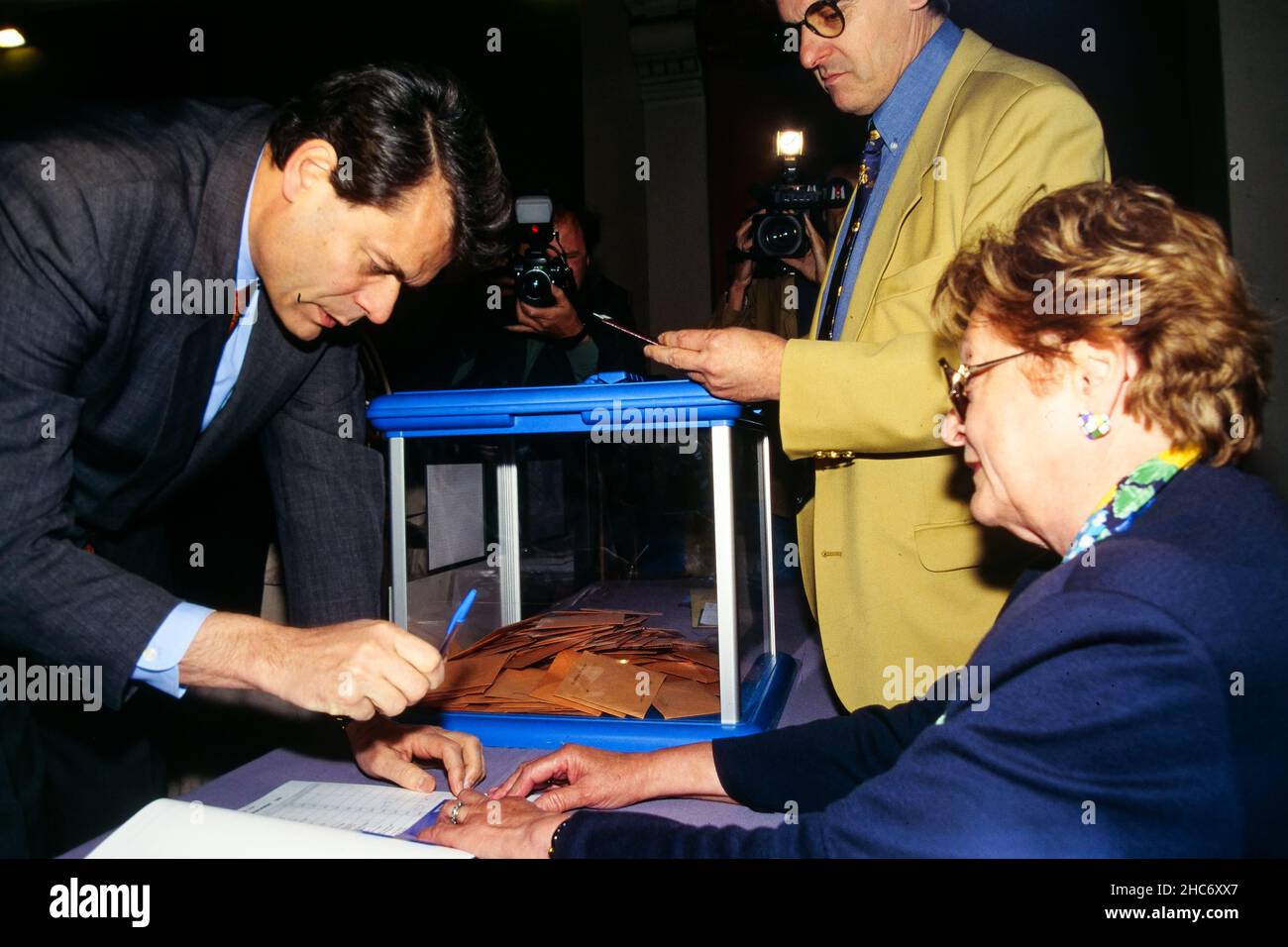 Lyons Mayor, Michel Noir voting in Lyon in the company of his wife, Danielle, Lyon, Central ...