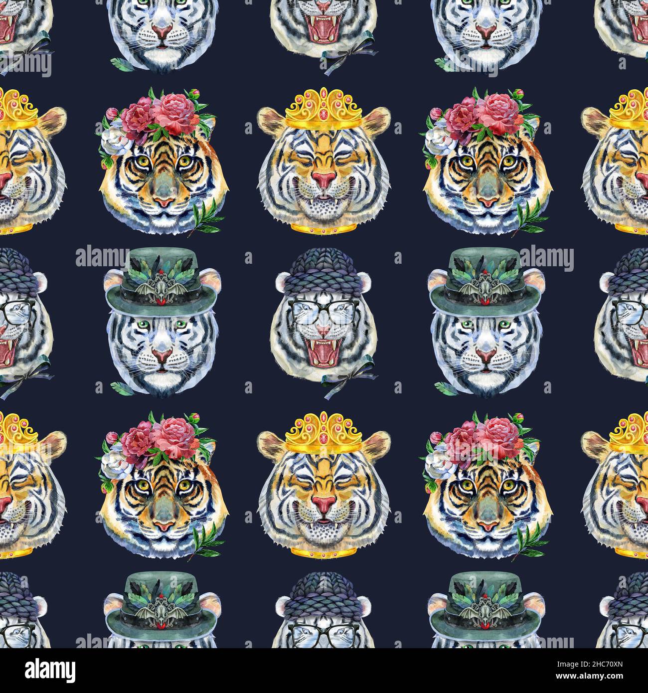 Watercolor seamless pattern with cute tigers on the dark blue ...