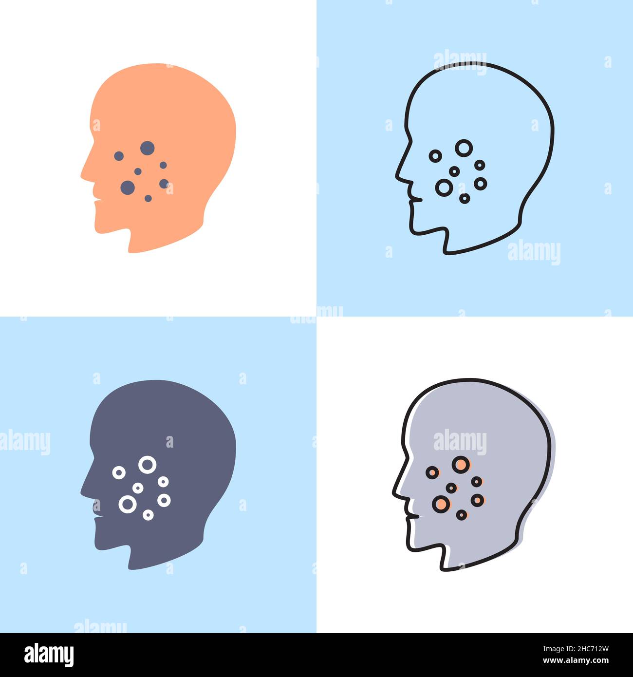 Acne icon set in flat and line style. Rash on face symbol. Human head ...