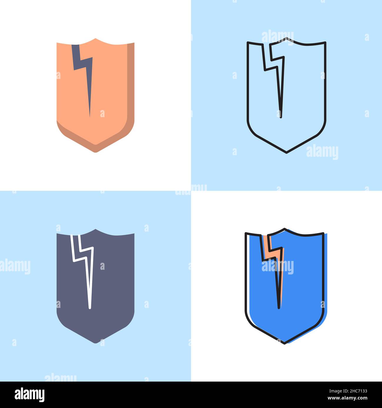 Broken shield icon set in flat and line styles. Vector illustration ...