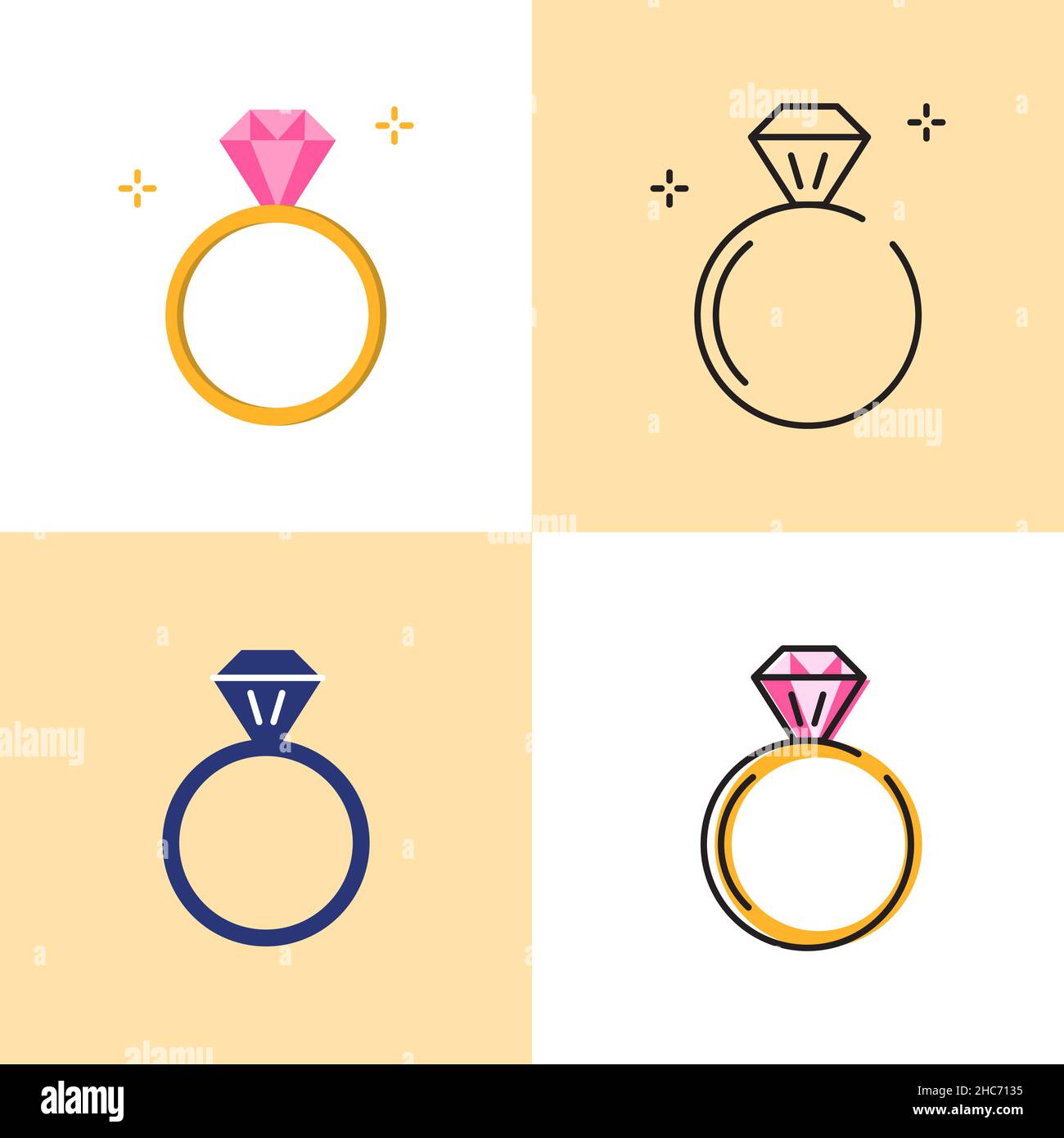 Ring with diamond icon set in flat and line styles. Woman accessory ...