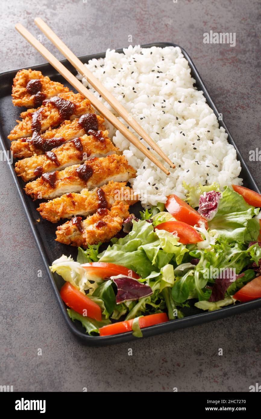 closeup view of a plate of katsu chicken served with rice and ...