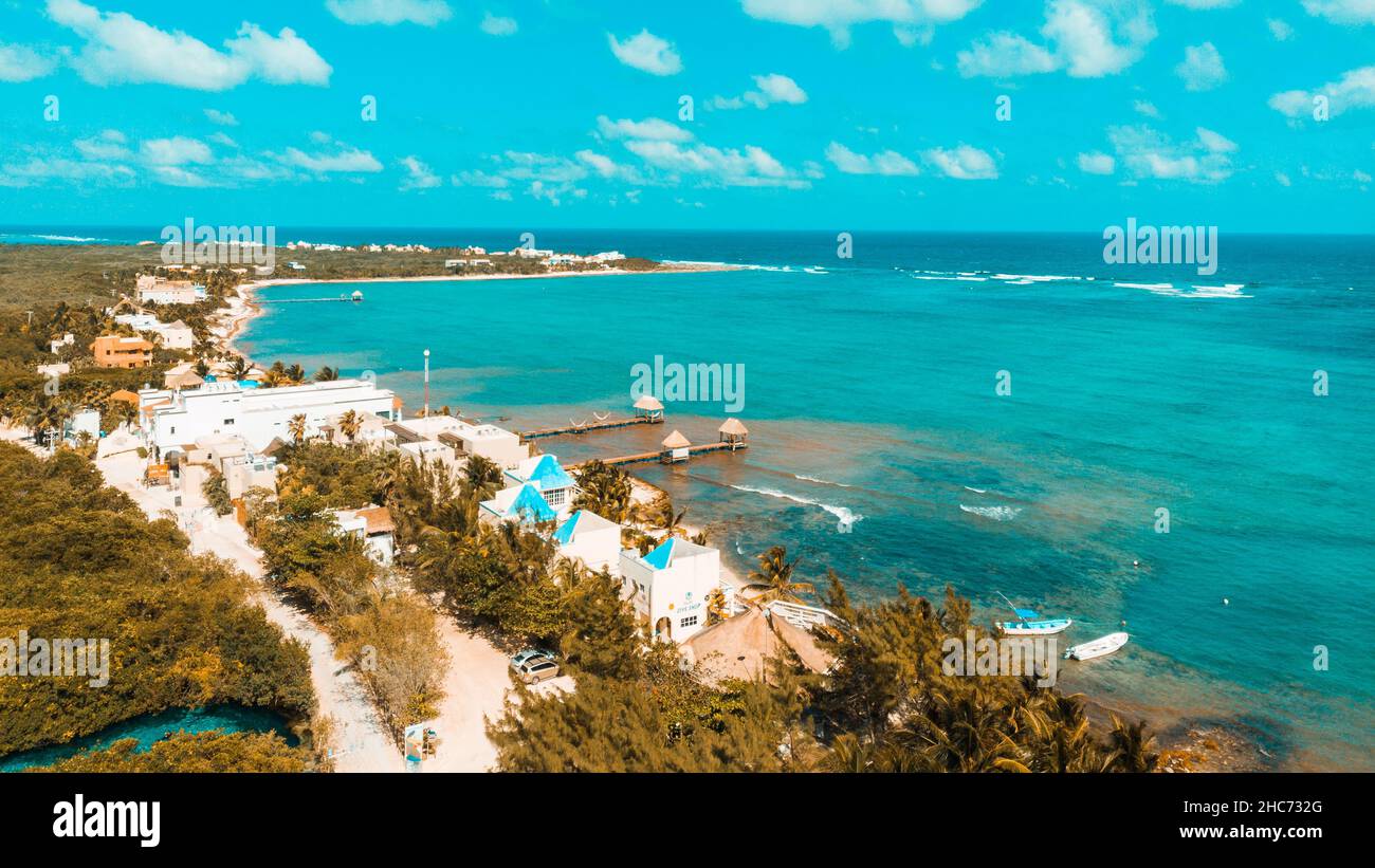 Ocean meets salt Water. Aerial view of Casa Cenote in Tulum, Quintana ...