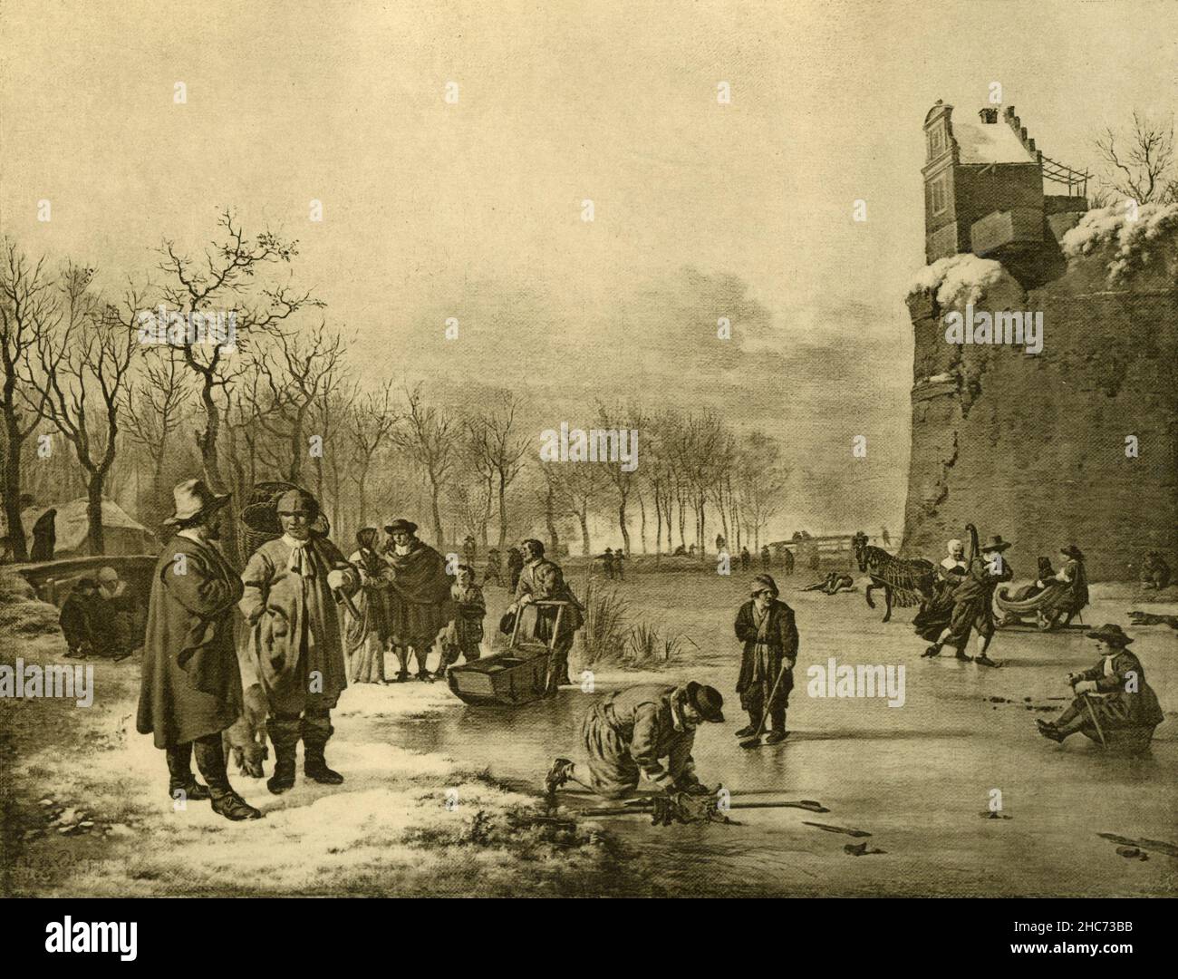 Ice Skating on the Moat, painting by Dutch painter Adriaen van de Velde ...