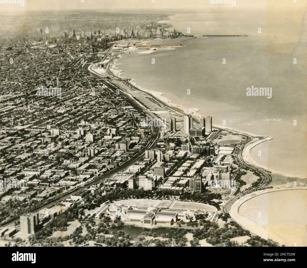 Aerial View of Chicago and the Michigan Lake looking North, USA 1950s ...