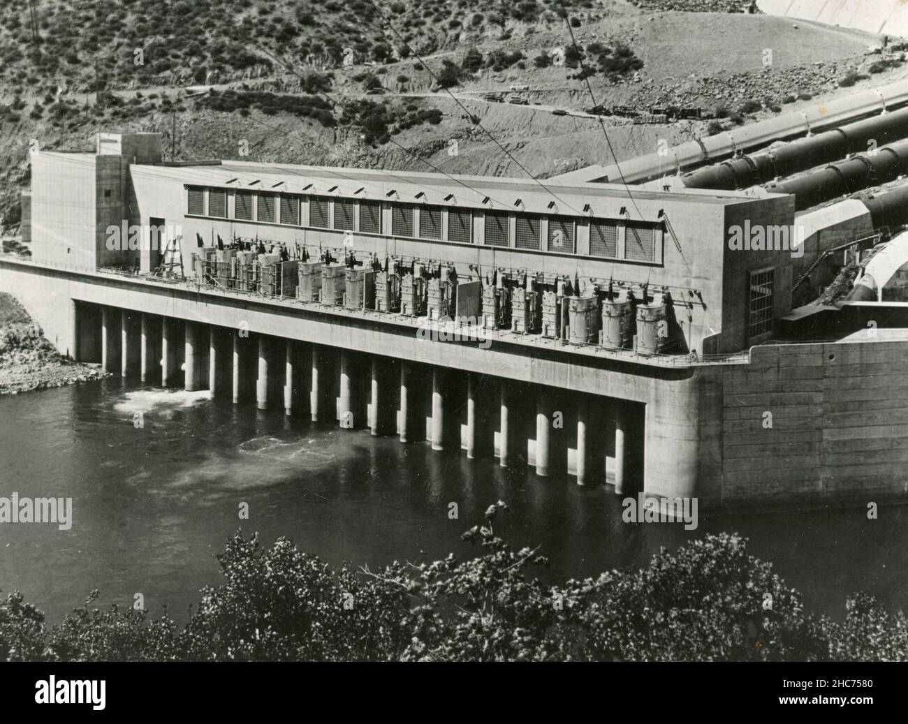 View of Shasta Dam hydroelectric power plant, California USA 1949 Stock ...