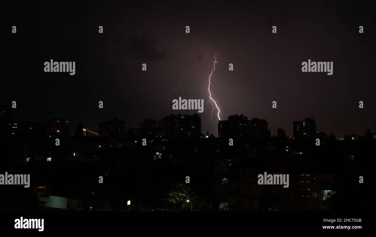 Lightning storm over the city of Maputo at night. Mozambique, November ...