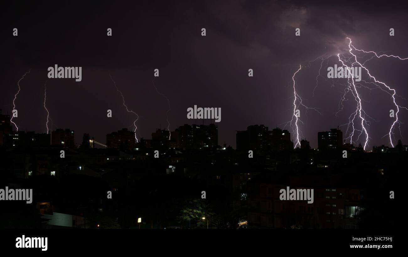 Lightning storm over the city of Maputo at night. Mozambique, November ...