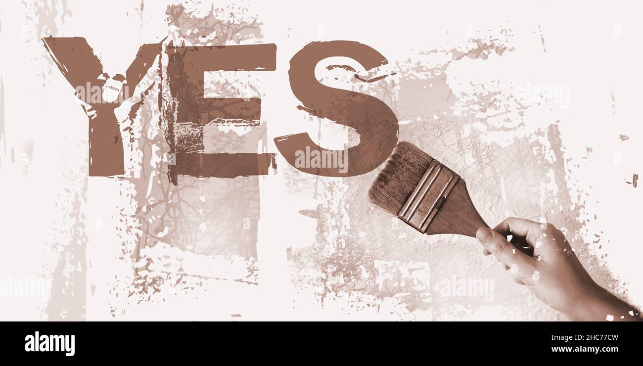 Yes word in red and paintbrush on white grey background. Agree business ...