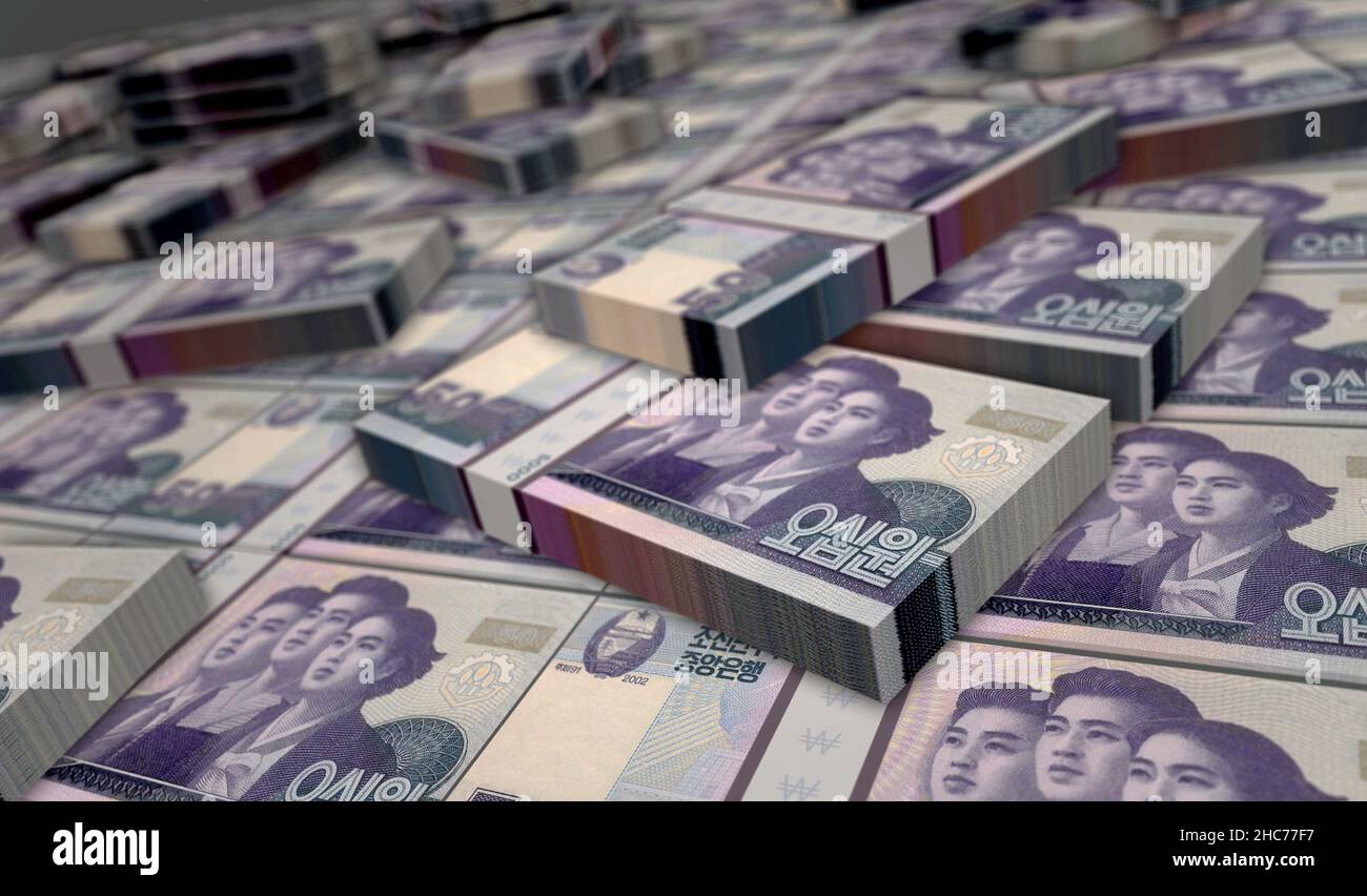 North Korea Won money pack 3d illustration. KPW banknote bundle stacks ...