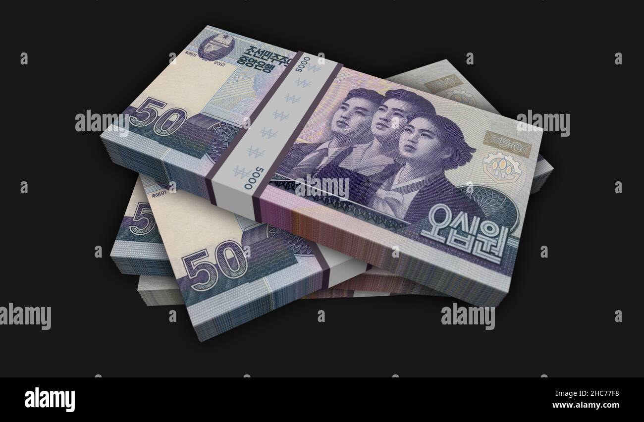 North Korea Won money pack 3d illustration. KPW banknote bundle stacks ...