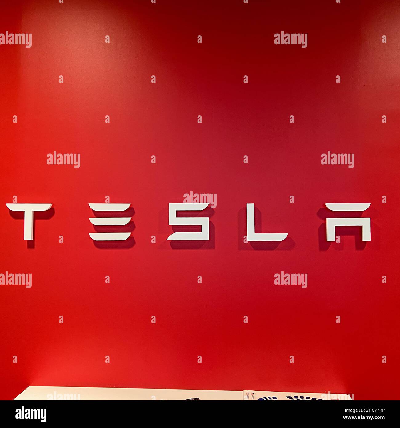 Orlando, FL USA - November 5, 2021: The Tesla Sign at the entrance of ...