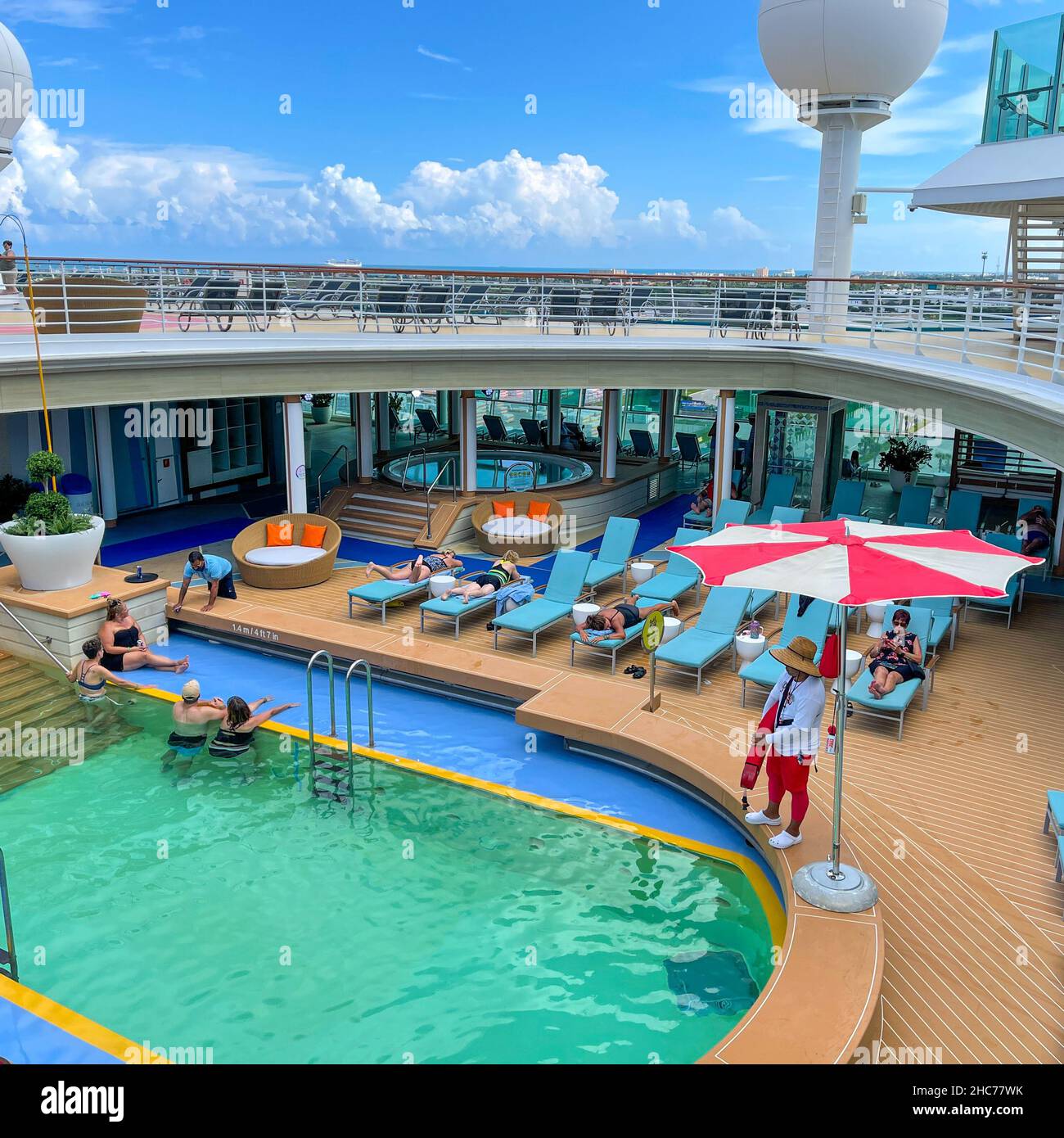 Orlando, FL USA - September 13 2021: The Swimming pool area aboard the ...