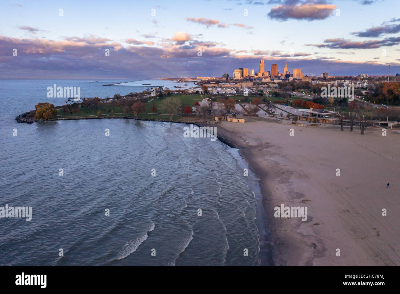 Aerial view of Edgewater beach in Cleveland, Ohio with downtown in the ...