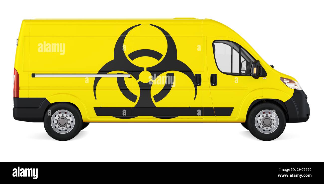 Commercial delivery van with biohazard symbol, 3D rendering isolated on ...