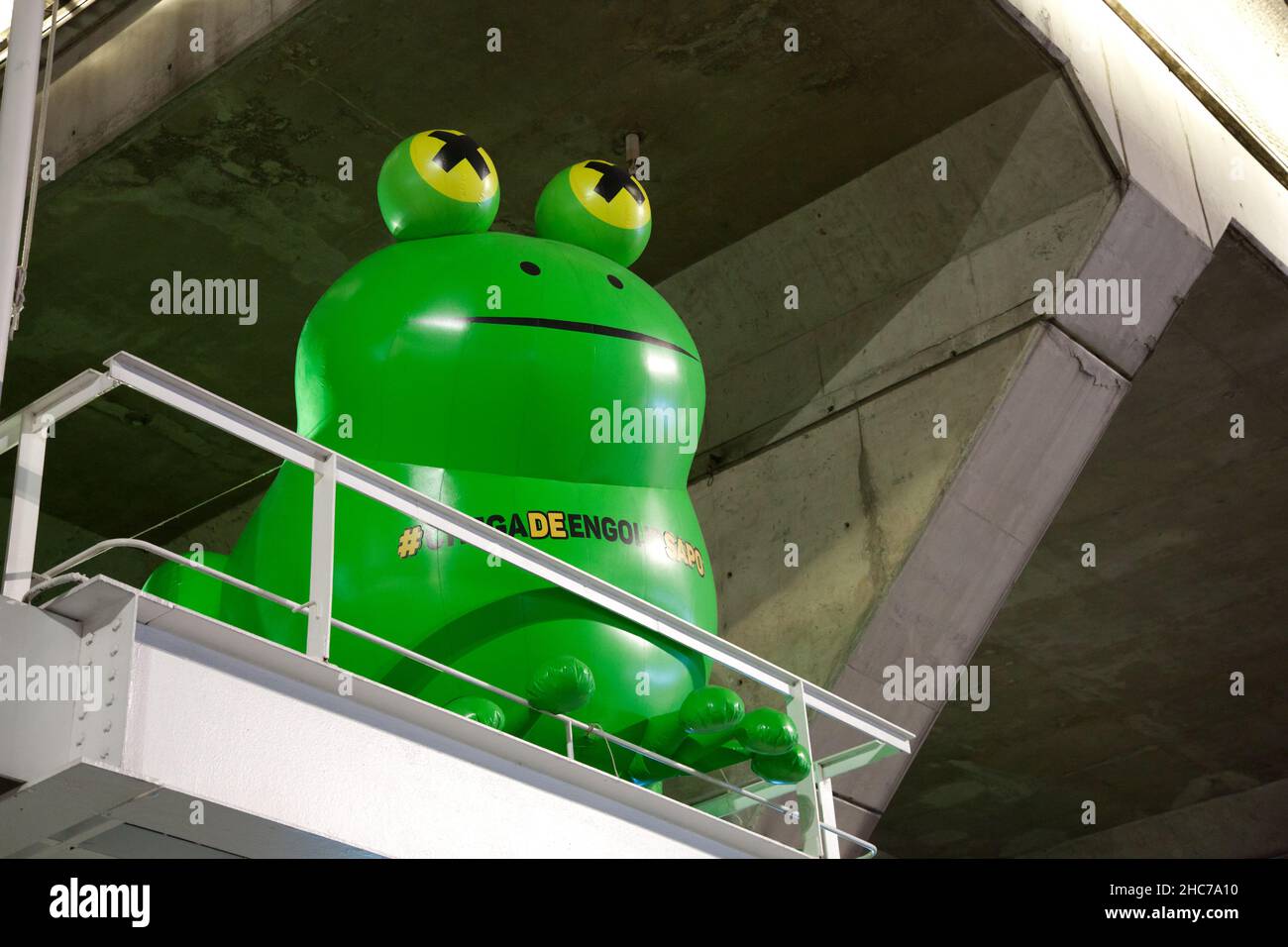 Street art with green frog statue with gray wall on the background in ...