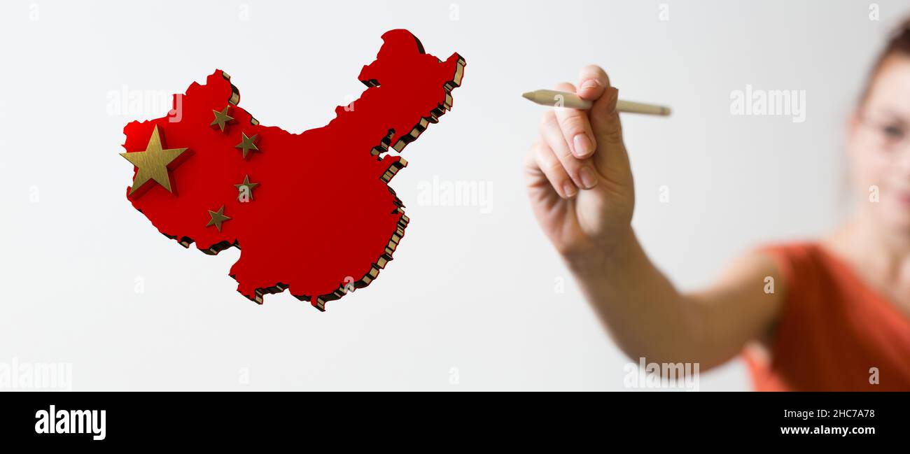 Close-up shot of a female hand showing the parts of a 3D rendered map ...