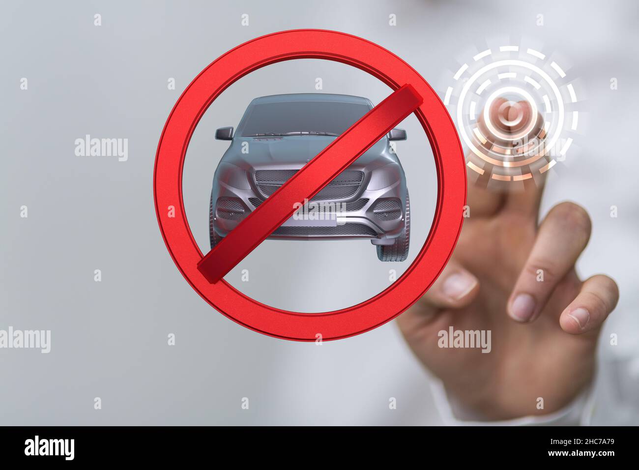 Close-up shot of a hand touching a 3D rendered warning stop sign of a ...