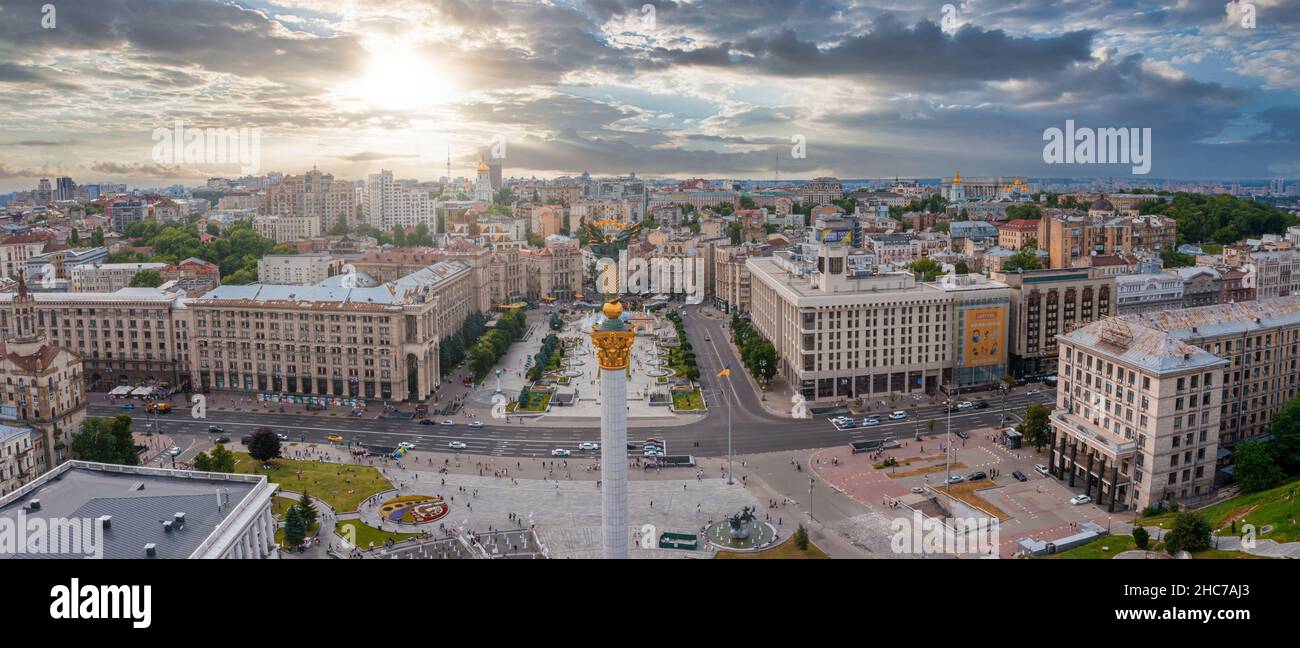 Aerial view of the Kyiv Ukraine above Maidan Nezalezhnosti Independence ...