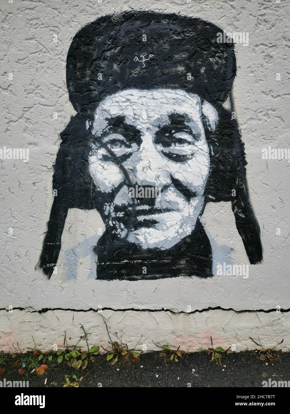 Graffiti of an old man with ushanka on his head, Bergen, Norway Stock ...