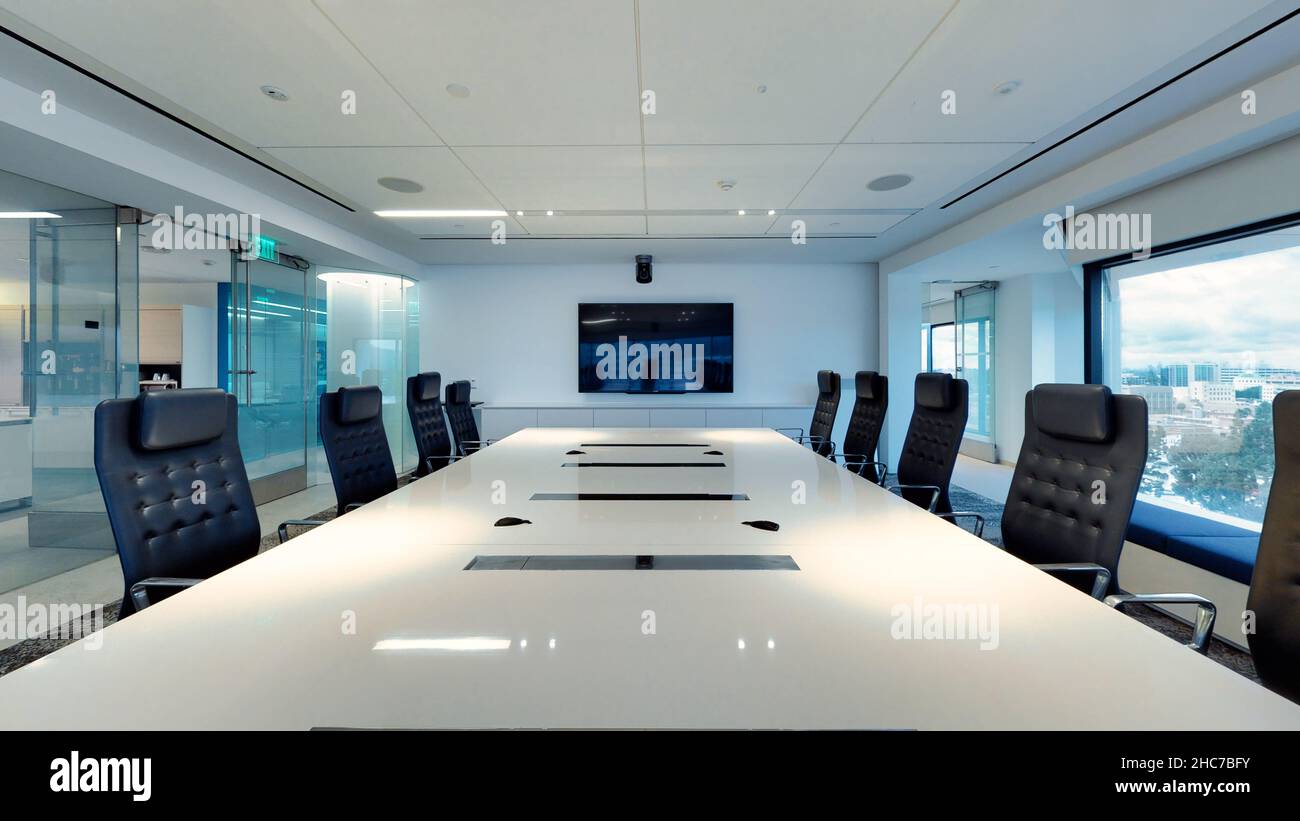 Modern conference room with TV and city view. Pasadena, US Stock Photo ...