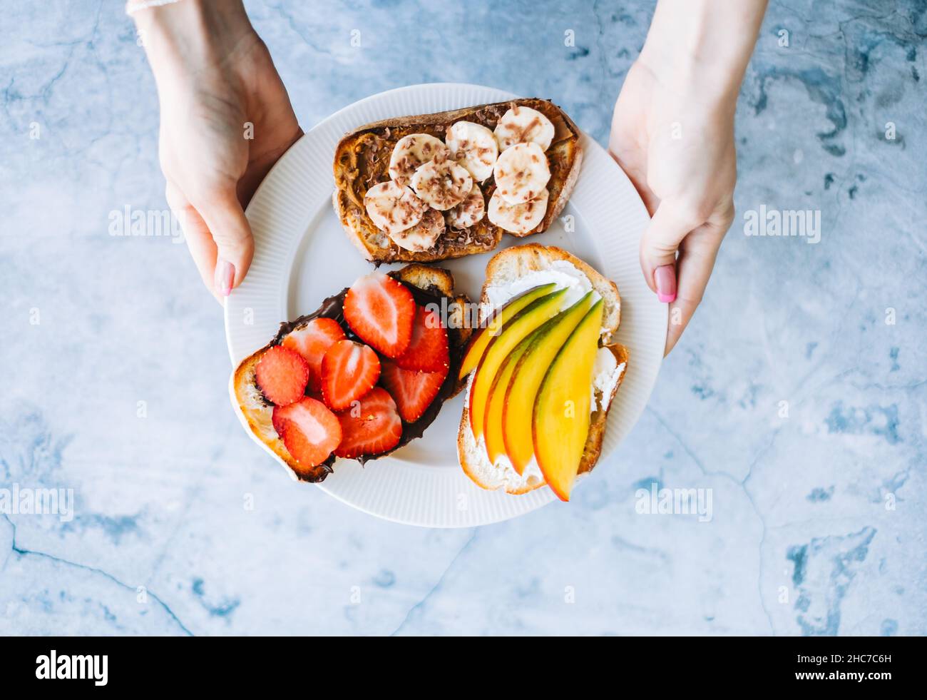 Delicious fruit toasts mix for breakfast, lunch or snack. Healthy food ...