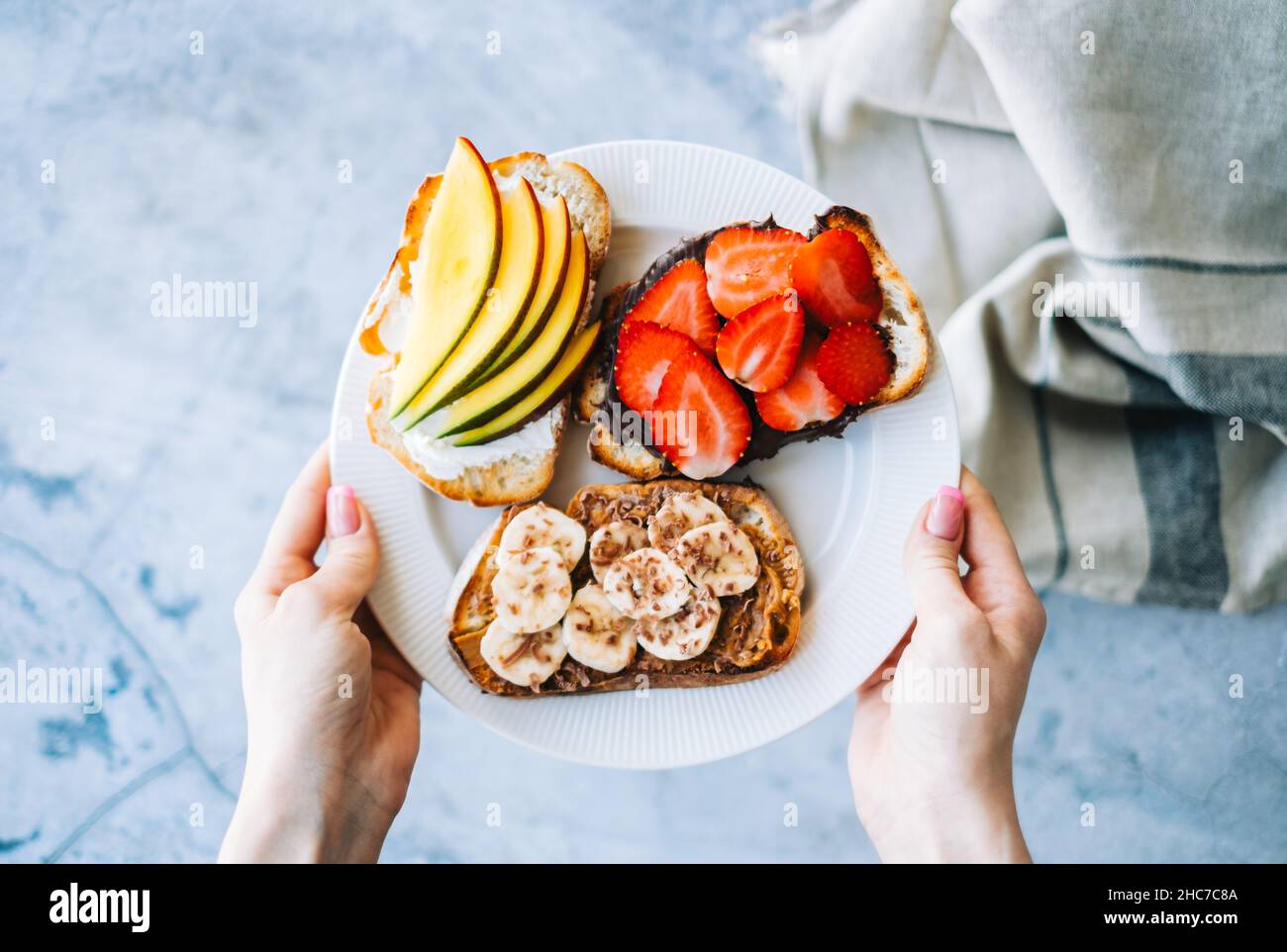 Delicious fruit toasts mix for breakfast, lunch or snack. Healthy food ...