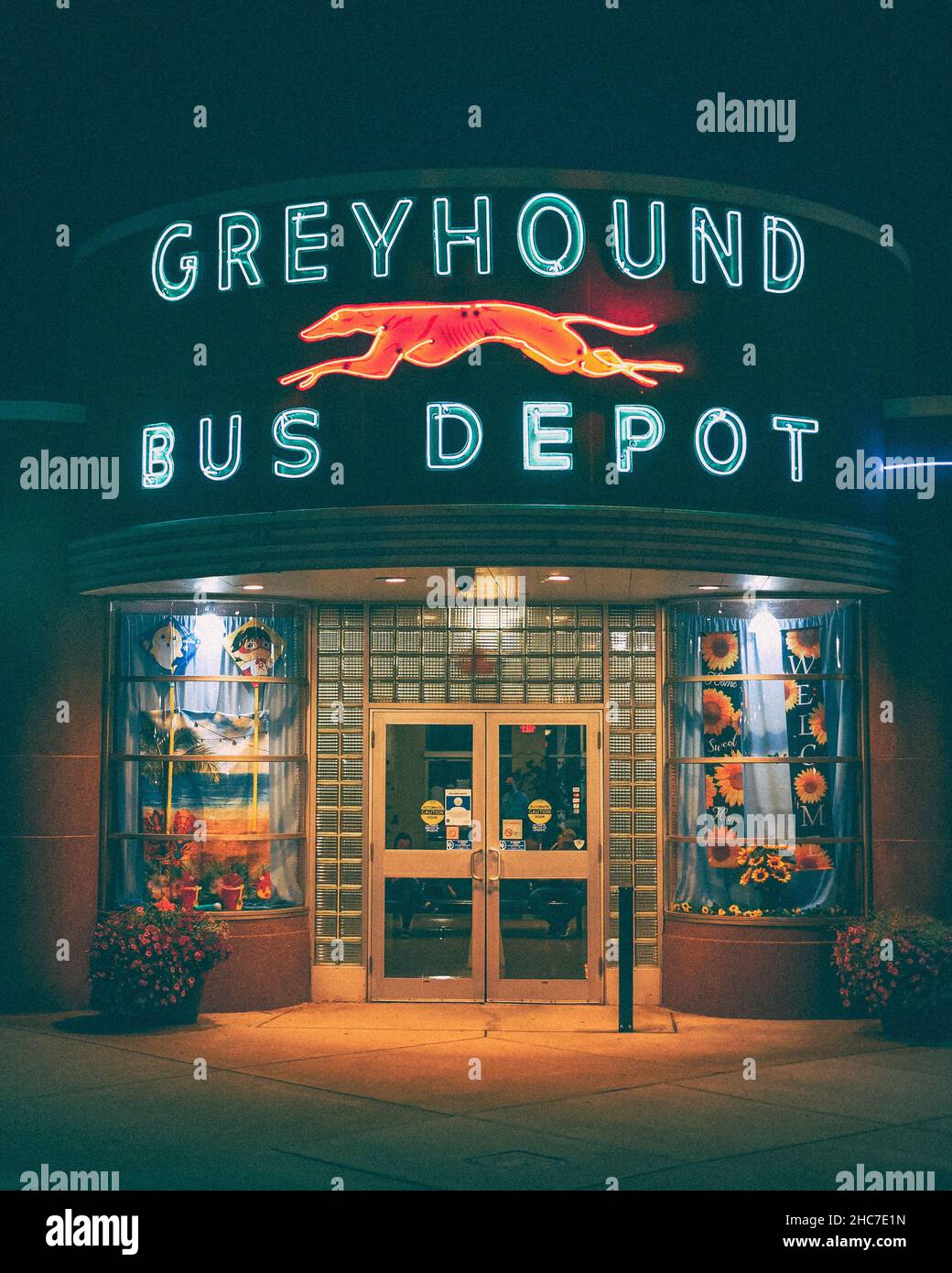 Greyhound Bus Depot neon sign at night, in Huntington, West Virginia ...