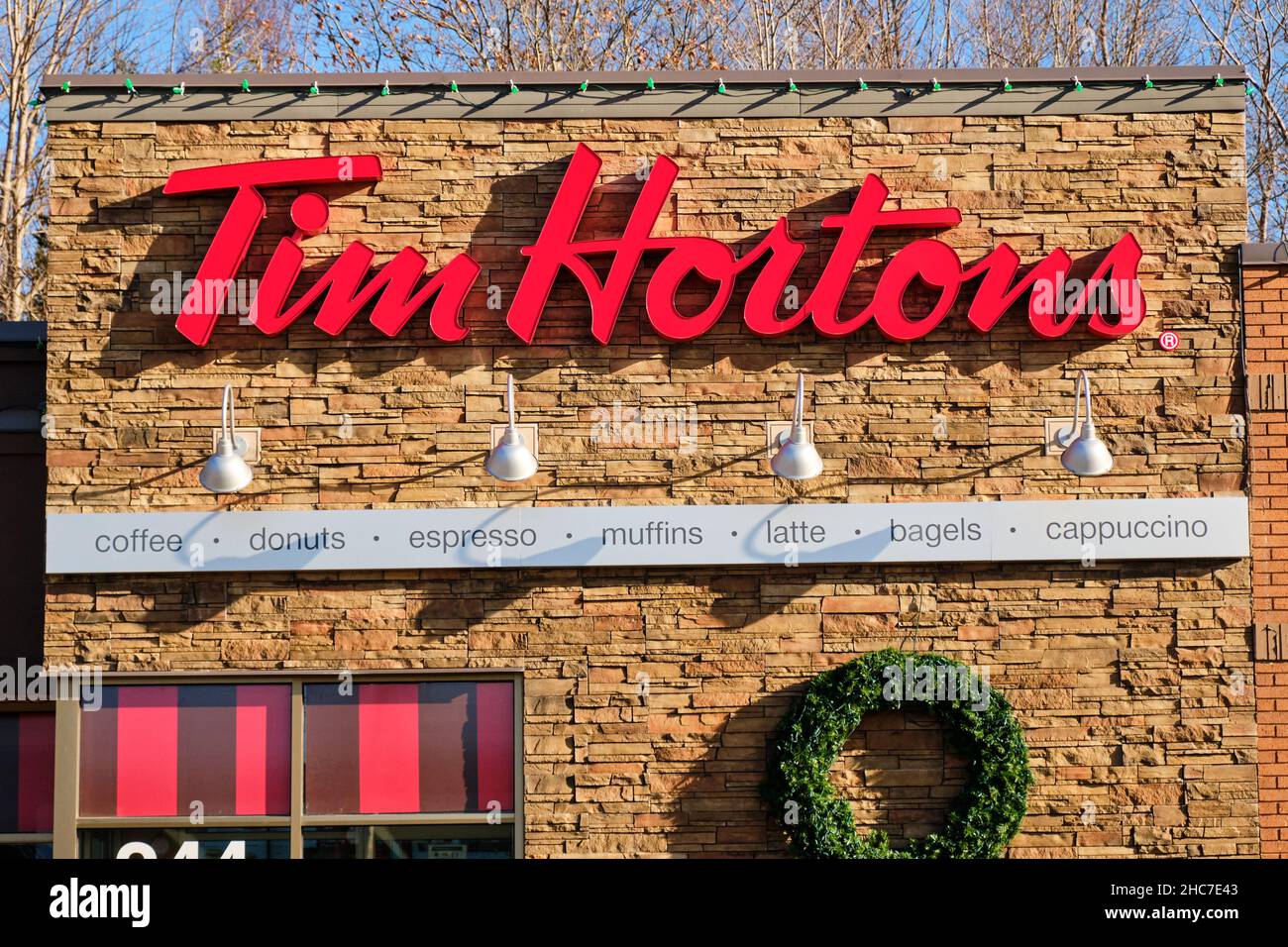 Tim Hortons cafe and donut shop sign at entrance. Halifax, Nova Scotia ...
