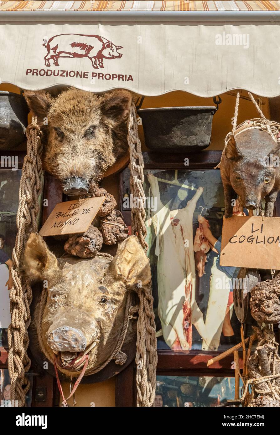 Wild Boar Specialities in front of a Norcineria shop, Norcia, Umbria ...