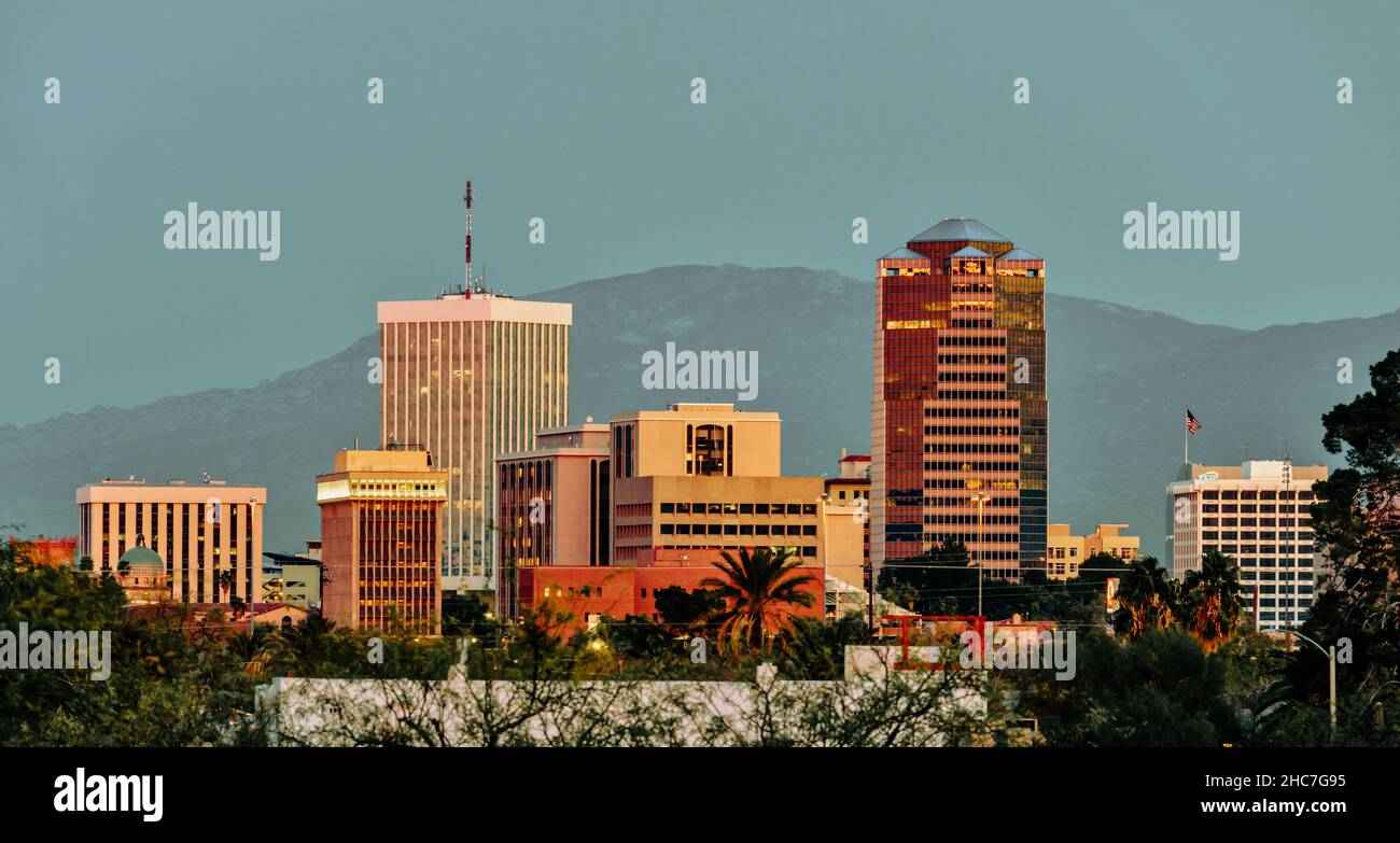 Tucson Arizona city skyline in downtown at dusk Stock Photo - Alamy