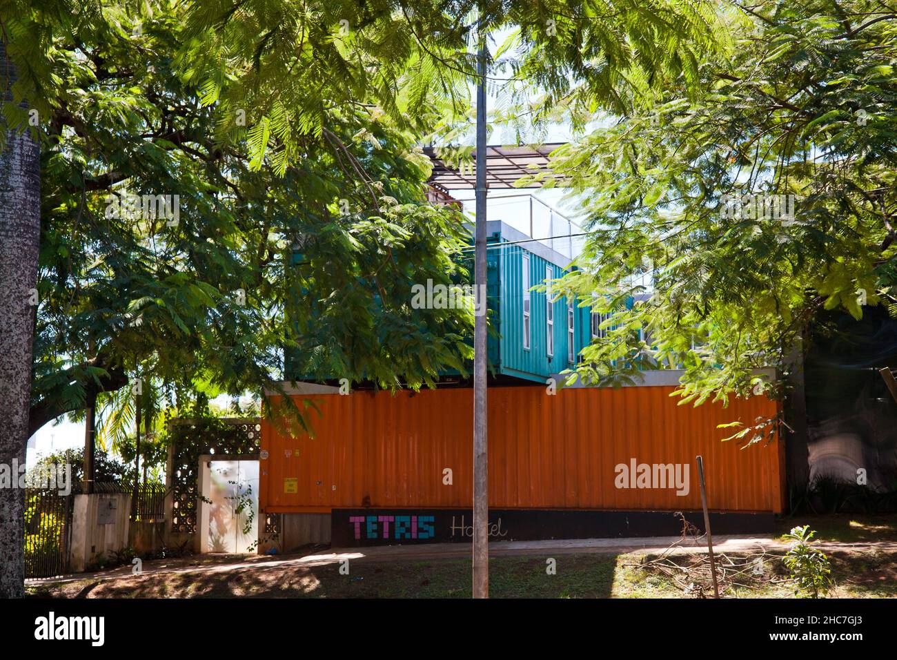 Red and blue tetris container hotels in Foz do Iguacu, Brazil Stock ...