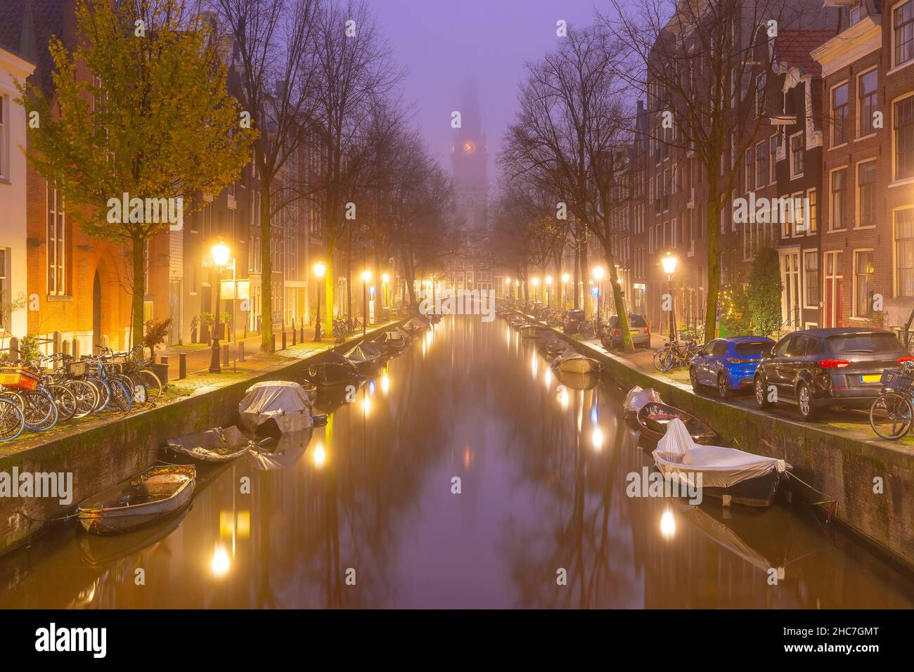 Evening Amsterdam canal Groenburgwal with Zuiderkerk, southern church ...