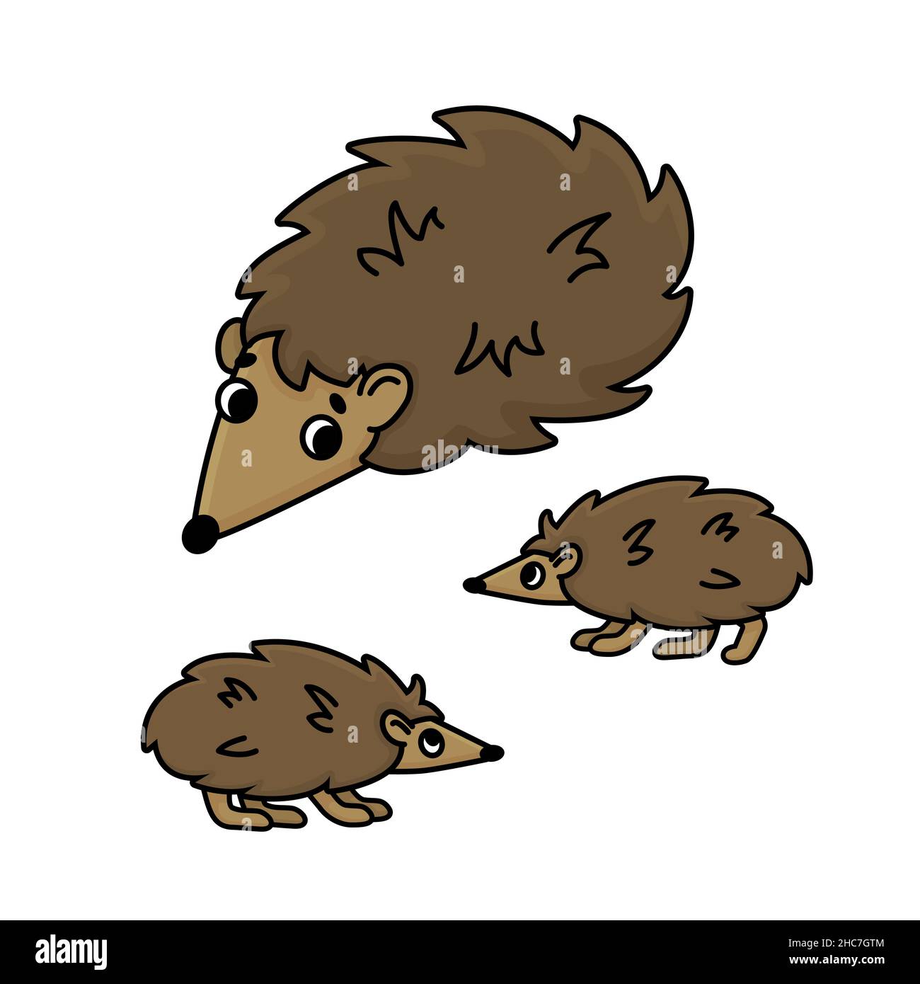 Cute funny family of three brown doodle cartoon hedgehogs. Vector ...